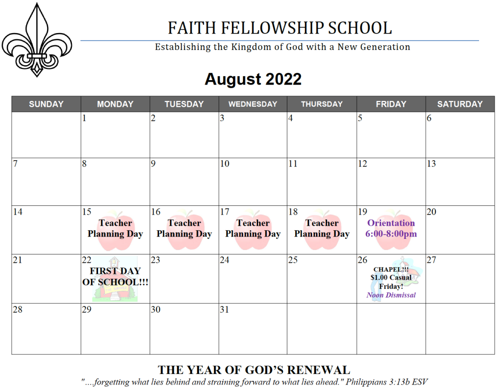Calendars & Schedules – Faith Fellowship School
